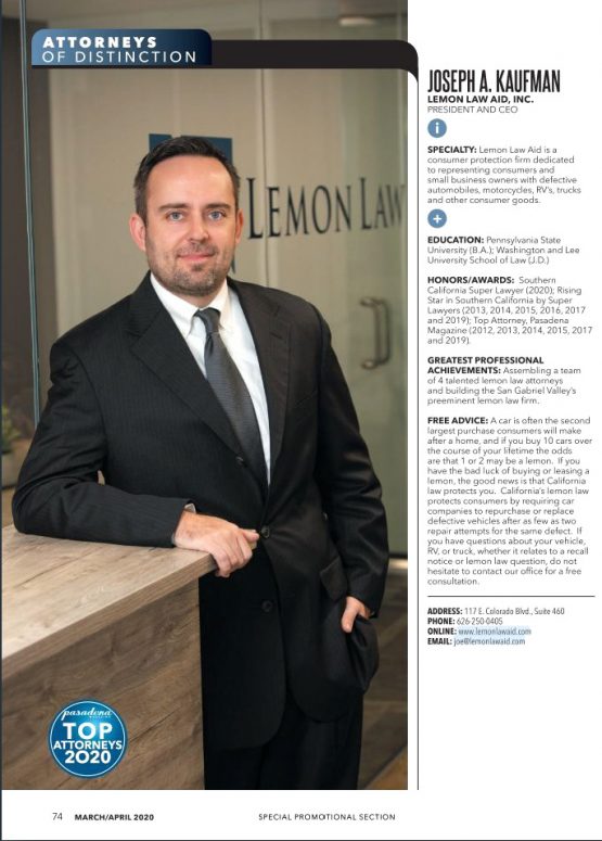 Lemon Law Aid CEO Named 2020 Top Attorney by Pasadena Magazine